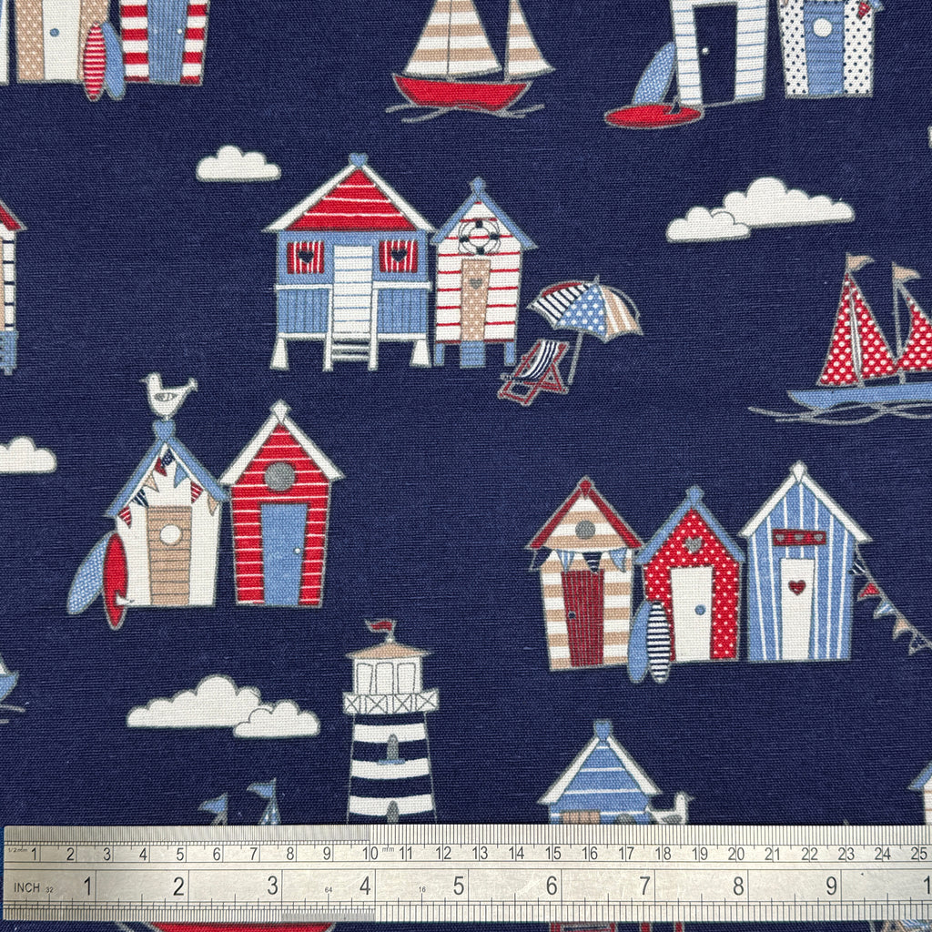 Canvas Fabric - Beach Huts Lighthouse Boats Seaside Print on NAVY BLUE ...