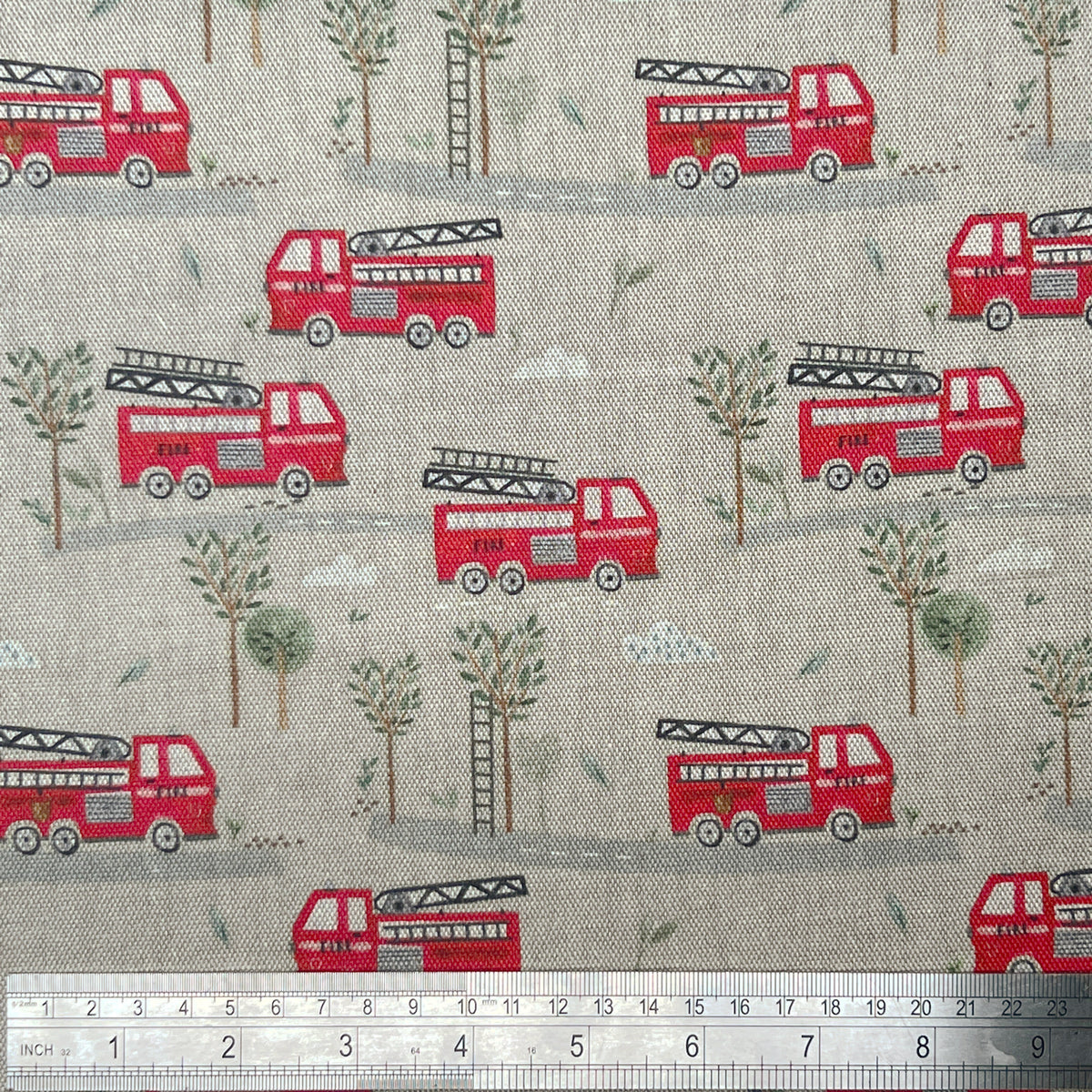 Cotton Panama Canvas Fabric - Red Fire Engines on Linen Background ...