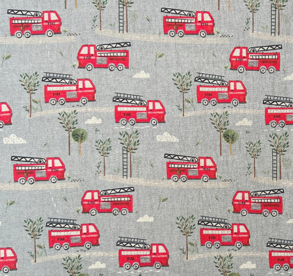 Cotton Panama Canvas Fabric - Red Fire Engines on Grey Background ...